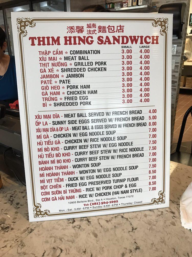 Menu at Thim Hing Sandwich restaurant, Houston