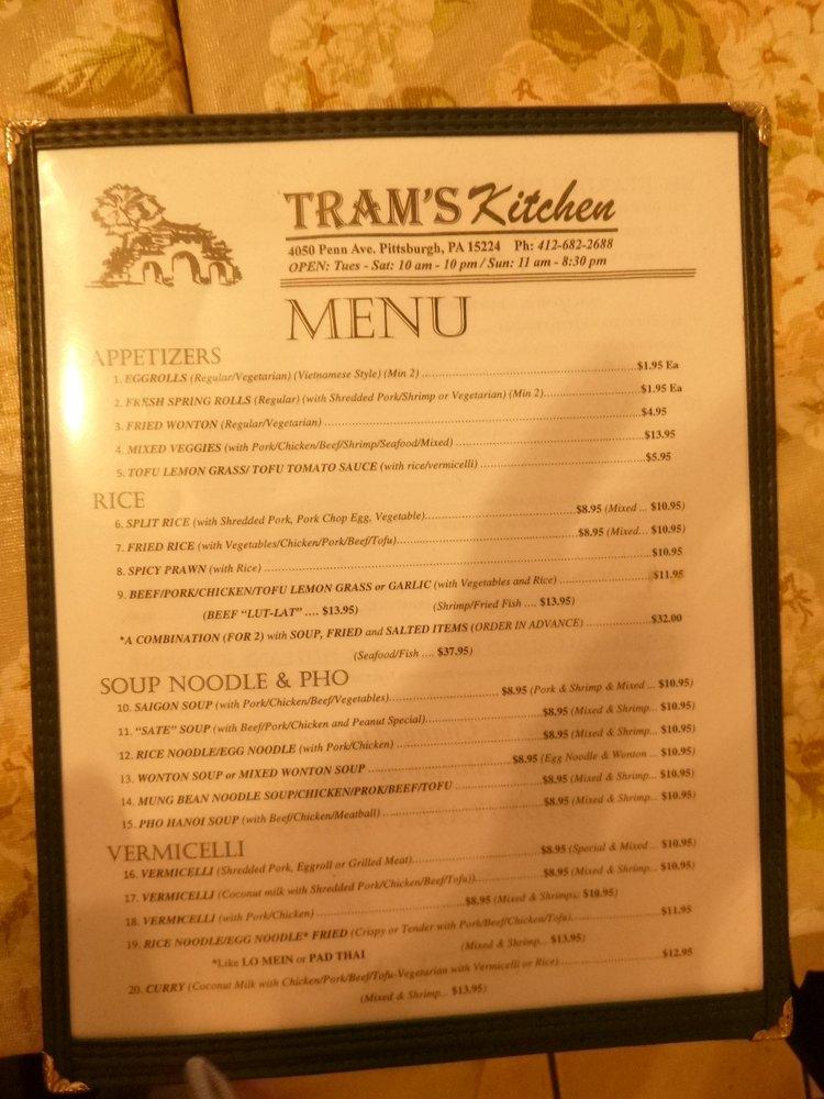 Menu at Tram's Kitchen restaurant, Pittsburgh