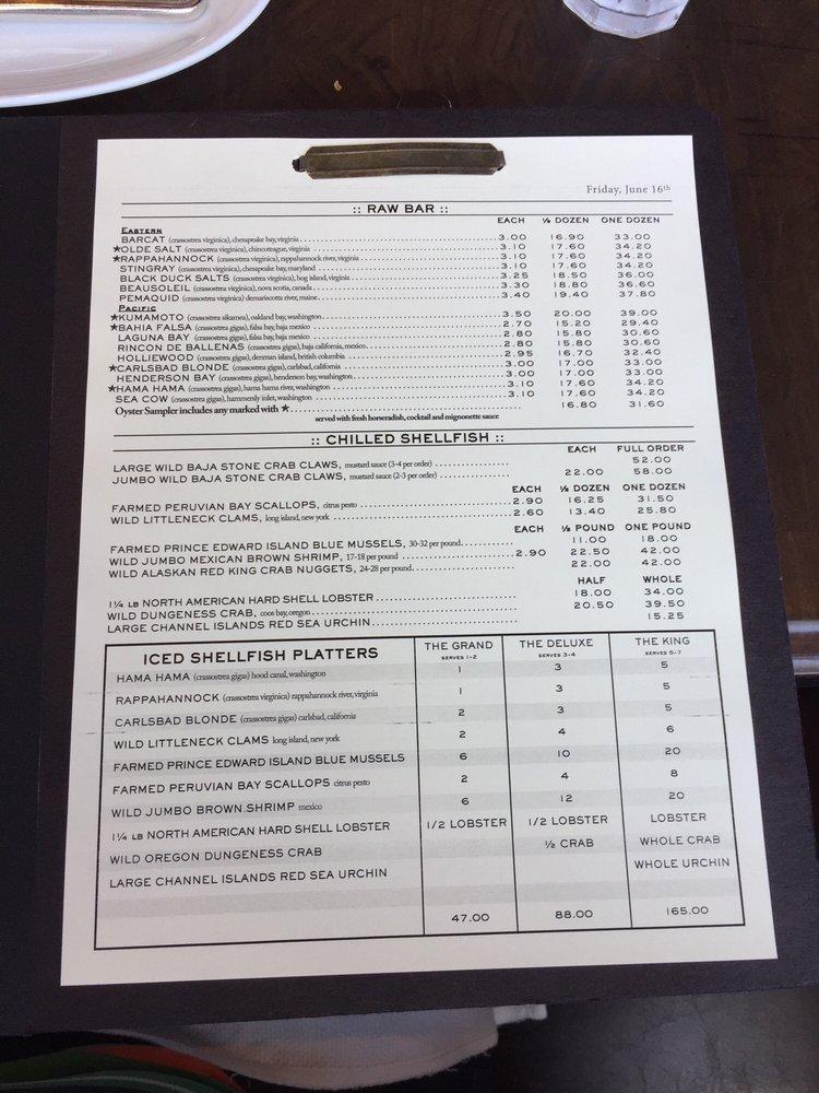 Menu at Water Grill restaurant, Santa Monica, Ocean Ave
