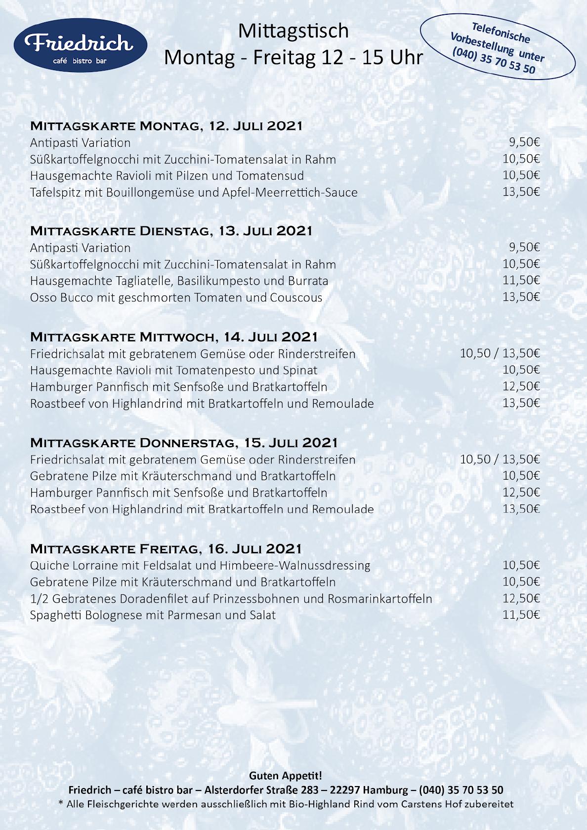 Speisekarte von Friedrich Café Bistro Bar, Hamburg