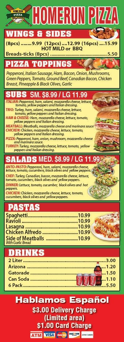 Carta de pizzería Home Run Pizza, Bellflower