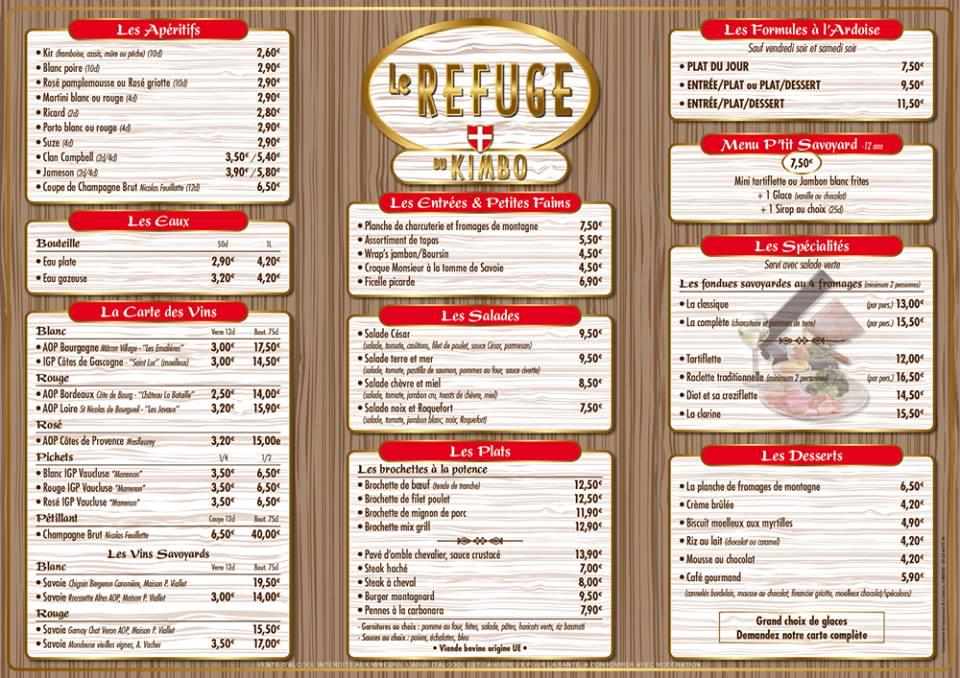 Menu at LE REFUGE DU KIMBO restaurant, Amiens