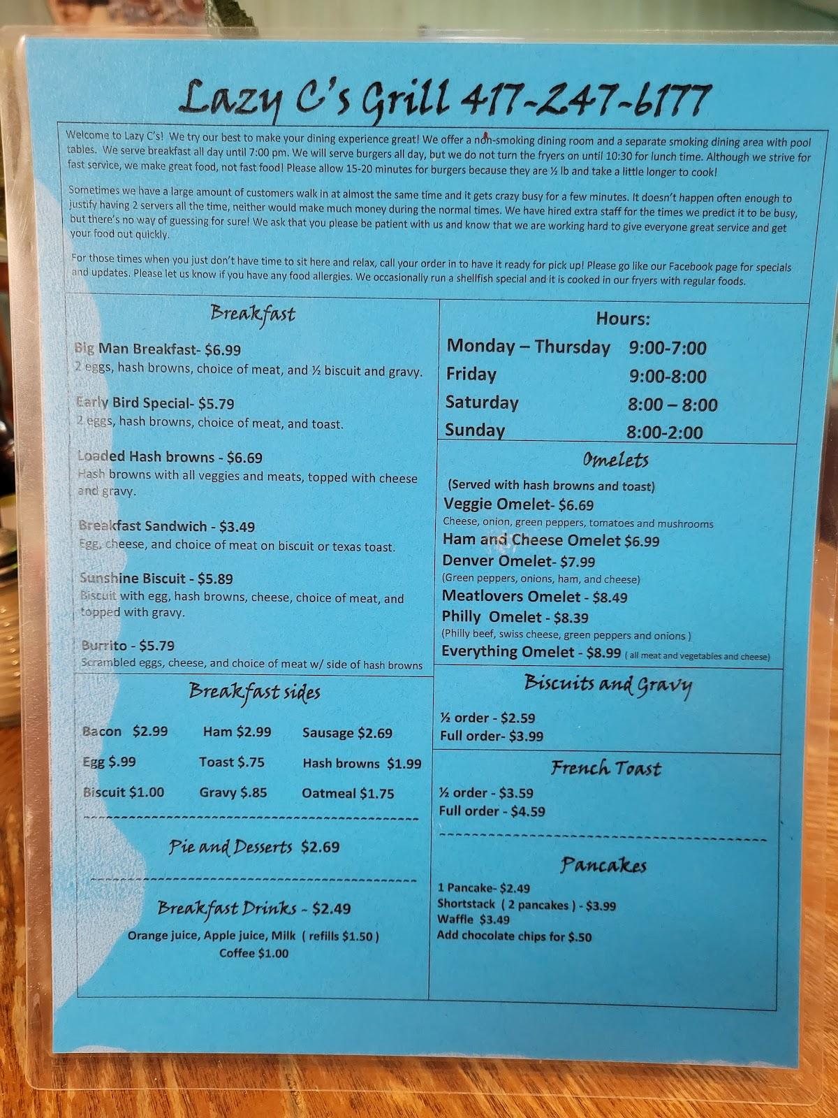 Menu at Lazy C's Grill restaurant, Mountain View