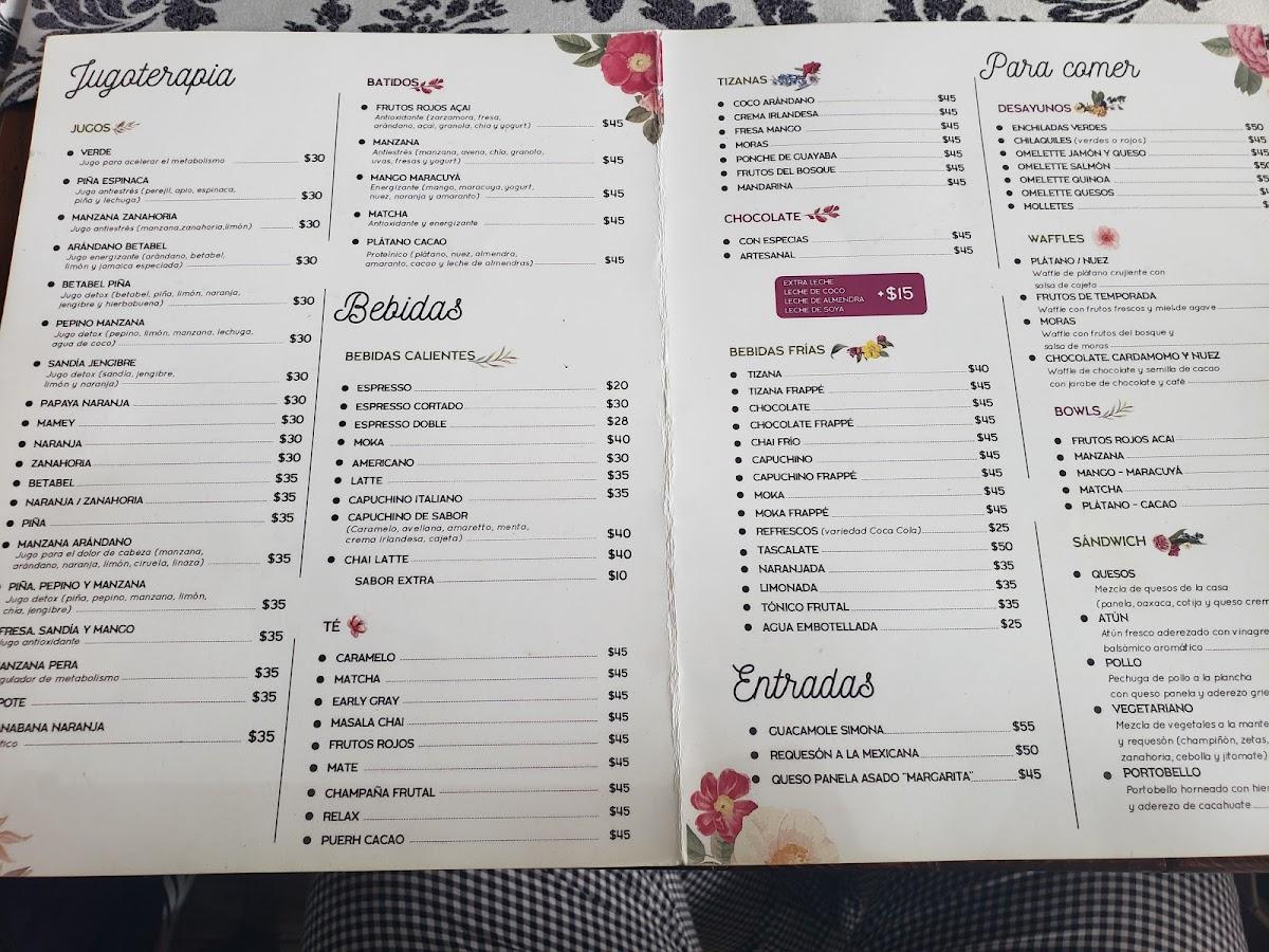 Carta del restaurante Simona Cocina, Morelia