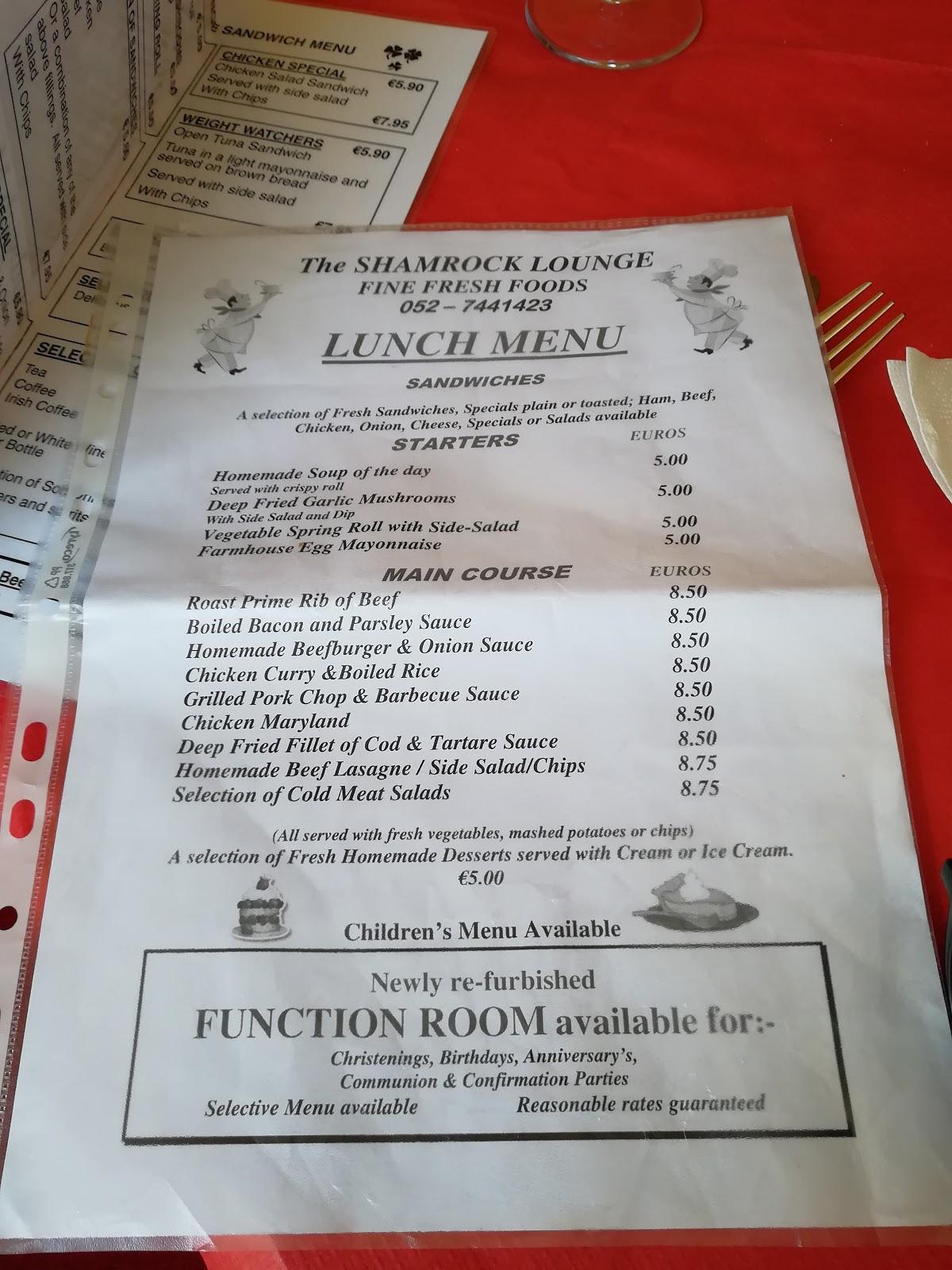 Menu at Shamrock Lounge pub & bar, Cahir