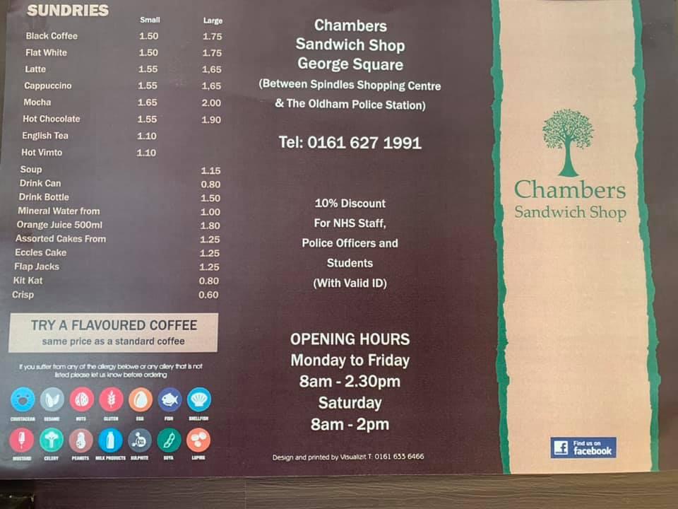 Menu at The Chambers Cafe, Oldham, 14