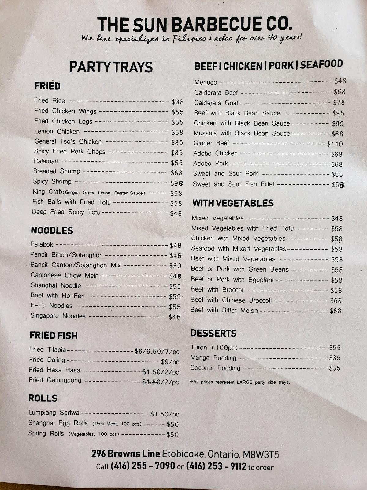 Menu at The Sun Barbecue Co., Toronto, 296 Brown's Line