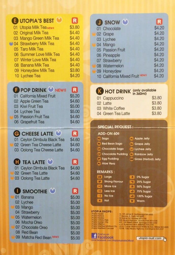 Menu at Utopia cafe, Myaree, 50 Hulme Ct