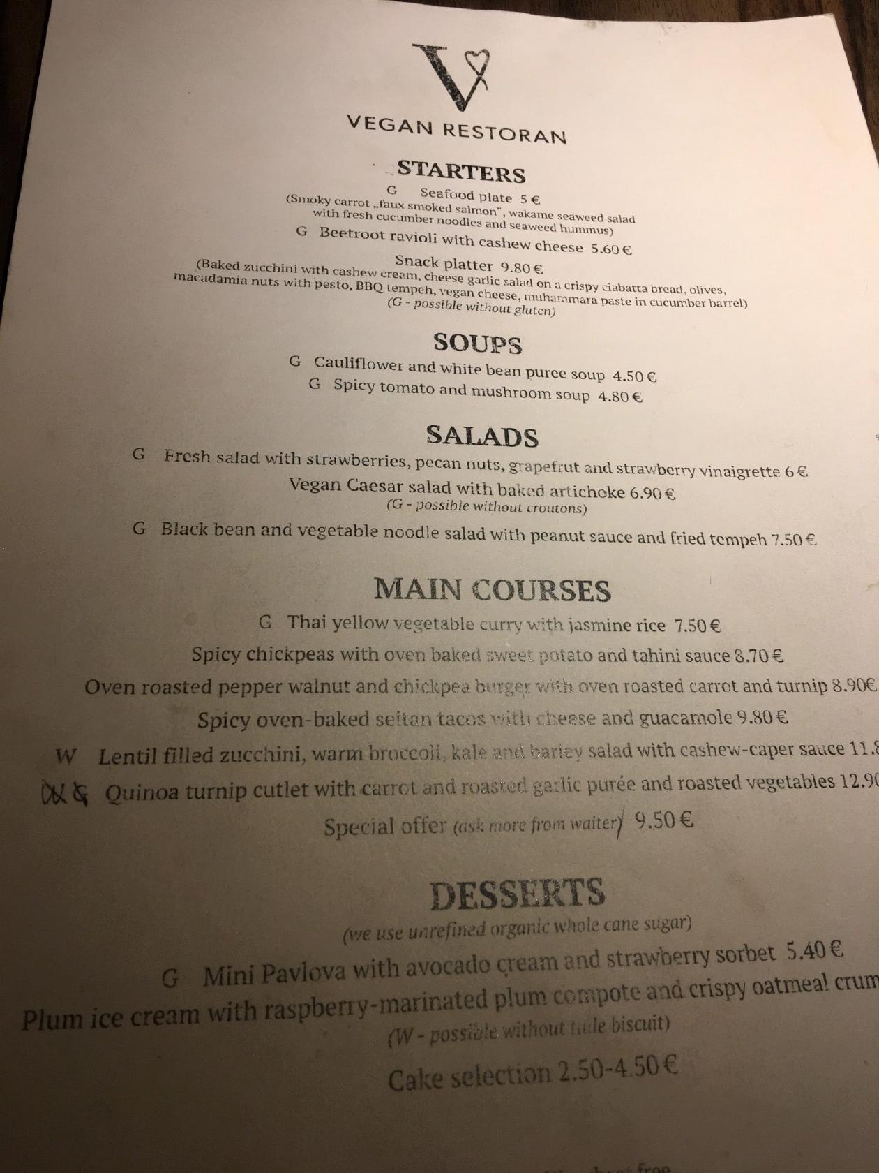 Menu at Vegan Restoran V restaurant, Tallinn