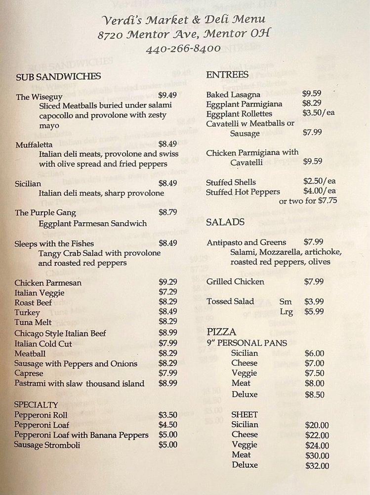 Menu at Verdi's Italian Market restaurant, Mentor