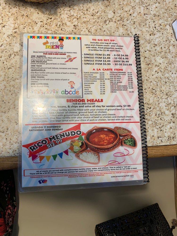 Menu at Azteca Mexican Grill restaurant, Oklahoma City