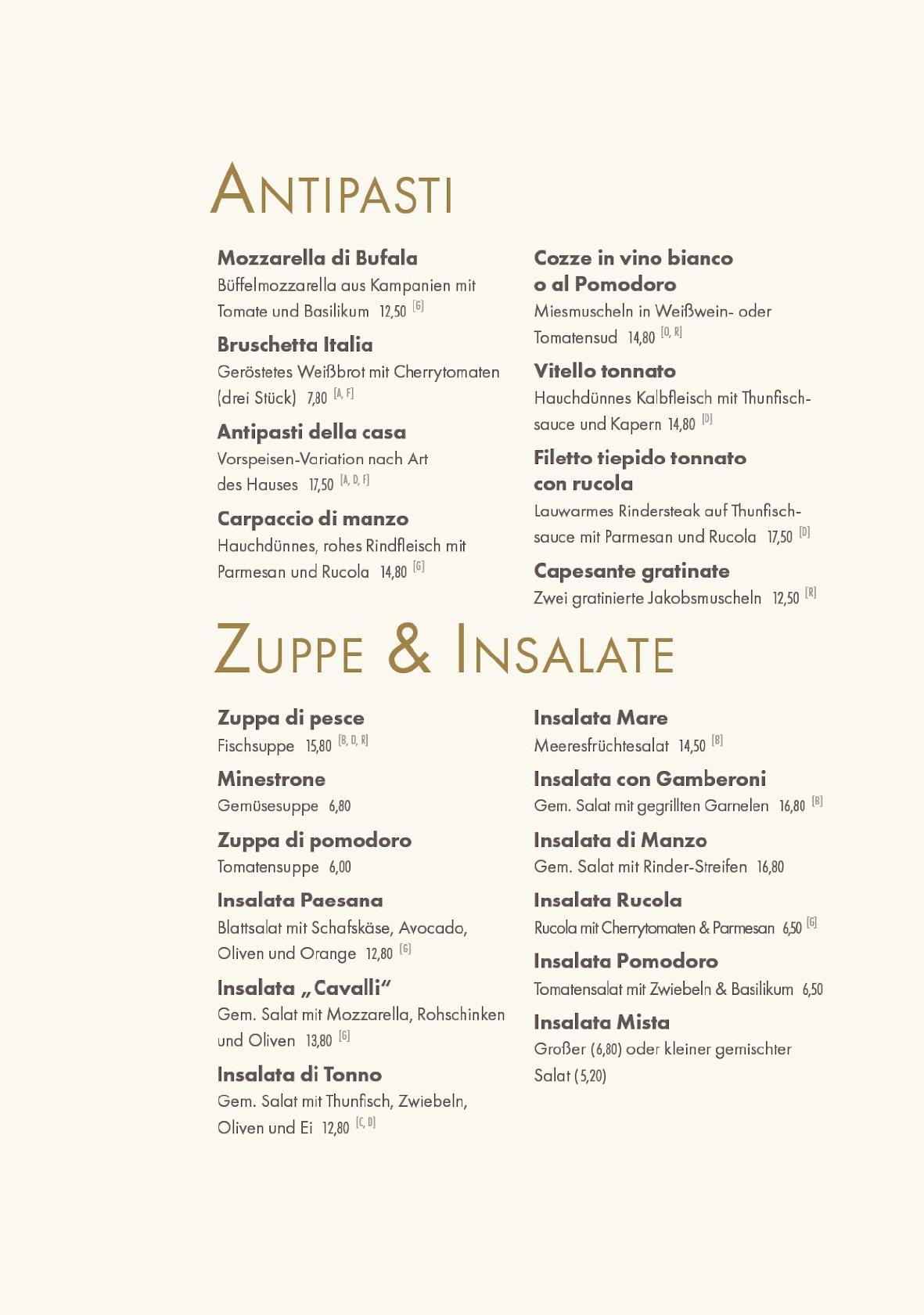 Menu at Casa Cavalli restaurant, Salzburg