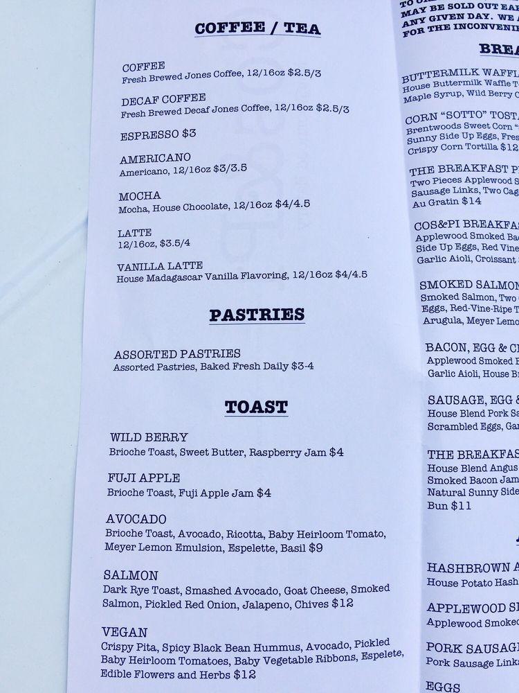 Menu at Cos & Pi restaurant, South Pasadena, 303 Pasadena Ave