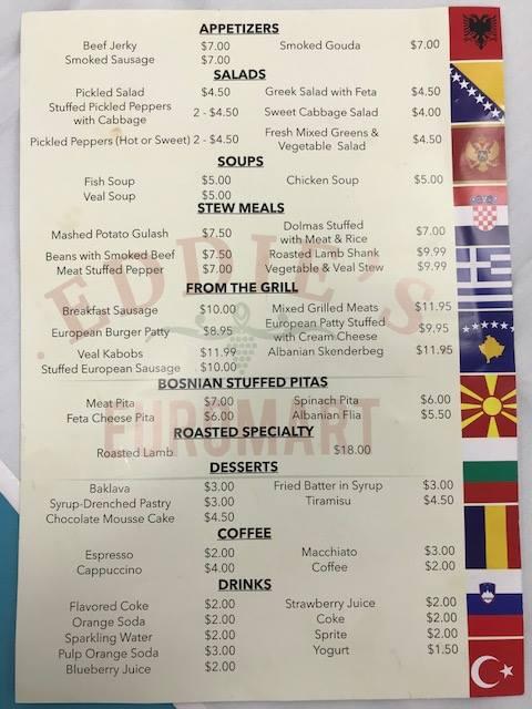Menu at Eddies EuroMart restaurant, Dallas
