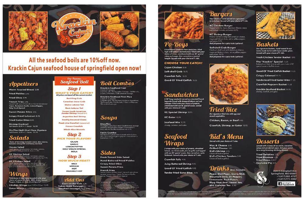 Menu at Krackin Cajun Seafood House Springfield restaurant, Springfield