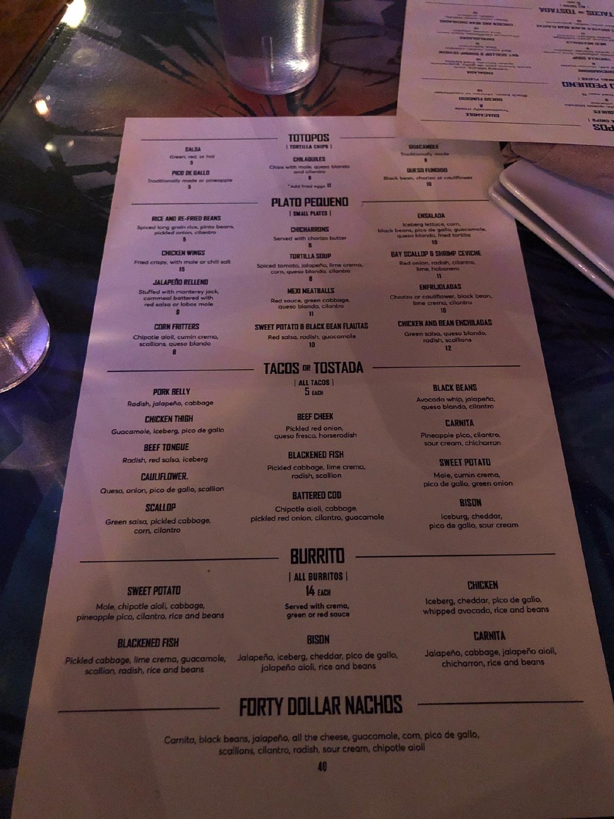 Menu at Los Lobos restaurant, London