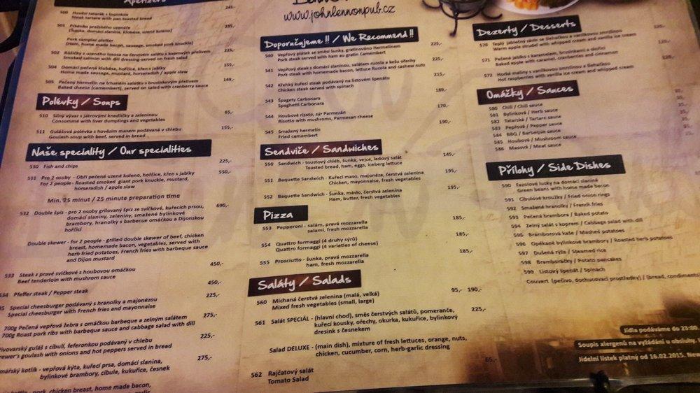 Menu at John Lennon Pub, Prague