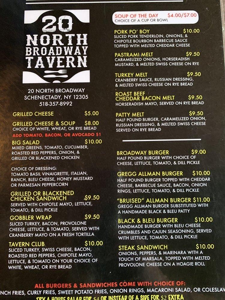 Menu at 20 North Broadway Tavern pub & bar, Schenectady