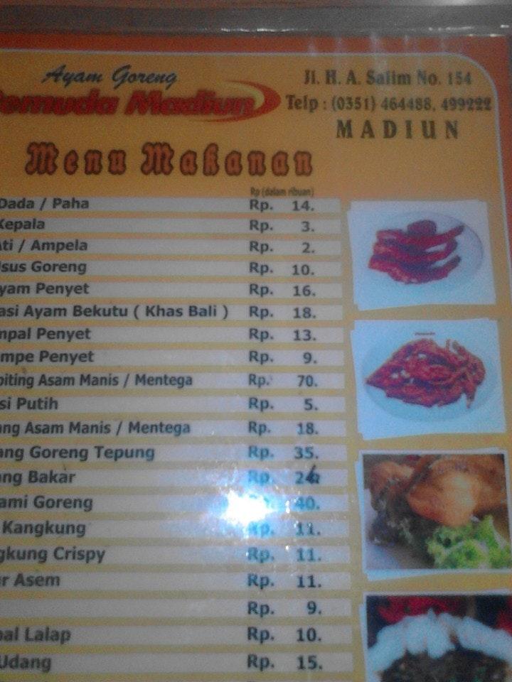 Menu at Ayam Goreng Pemuda restaurant, Madiun