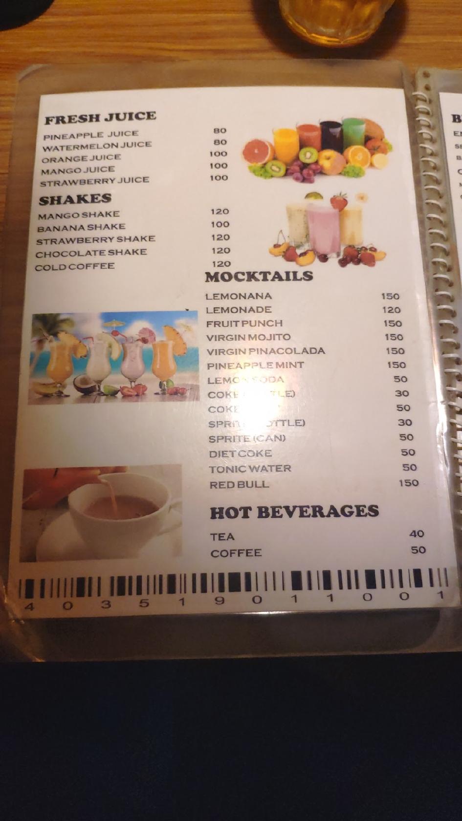 Menu at Barcode Shack, Anjuna