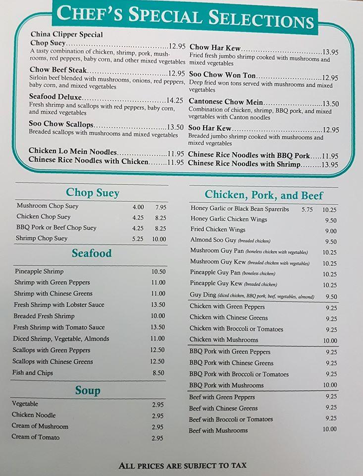 Menu au China Clipper Restaurant, Kapuskasing
