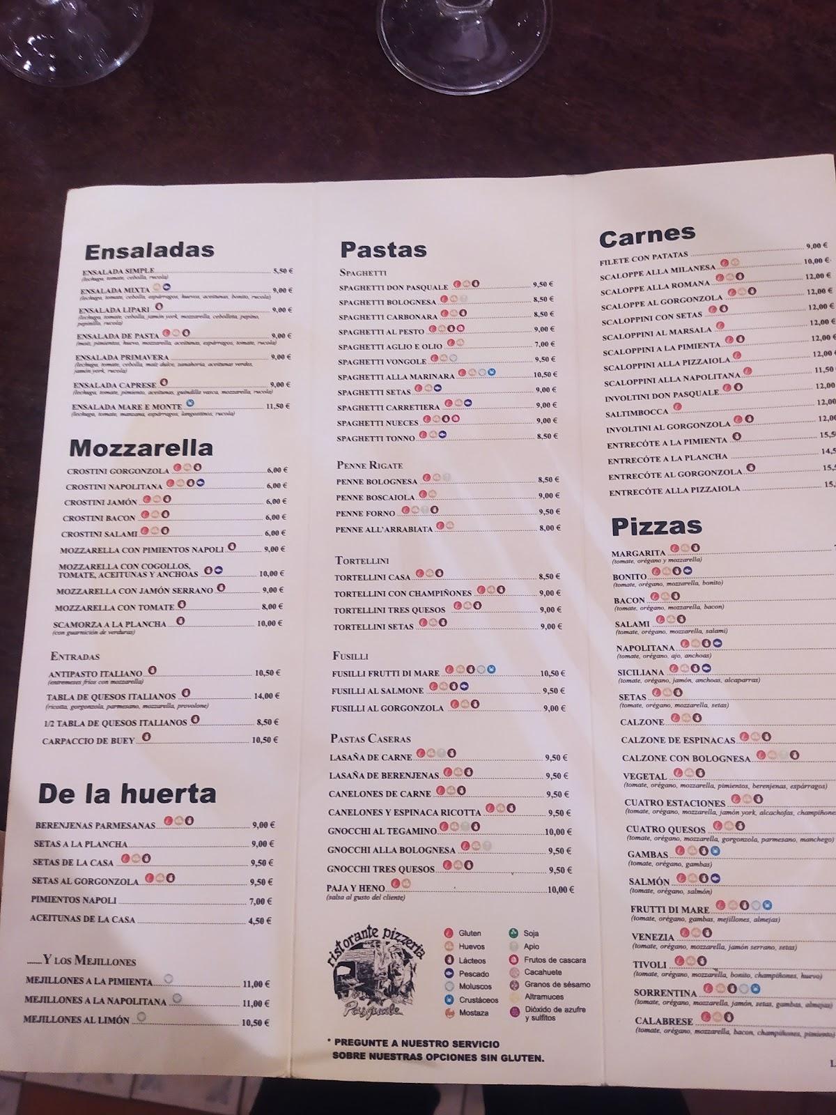 Carta del restaurante Don Pasquale, Aviles