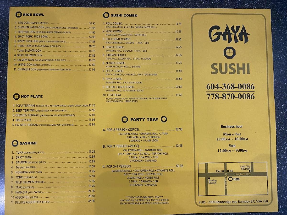 Menu au Gaya Sushi restaurant, Burnaby, Bainbridge Ave