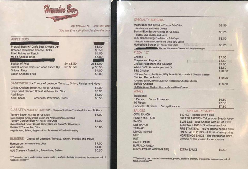 Menu at Horse Shoe Bar, Warren