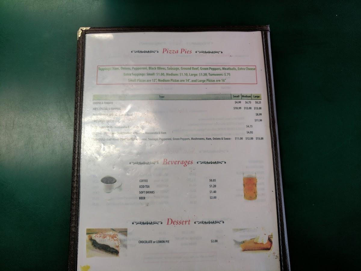 Menu at Joe's Place pizzeria, Louisa
