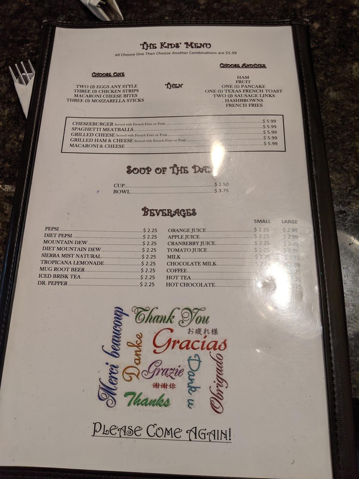 Menu at Mickey's Family Grill restaurant, Muskego