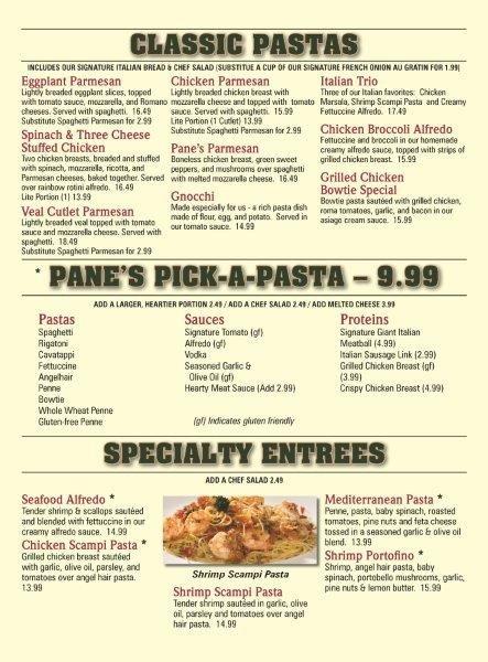 Menu at Pane's Restaurant, North Tonawanda