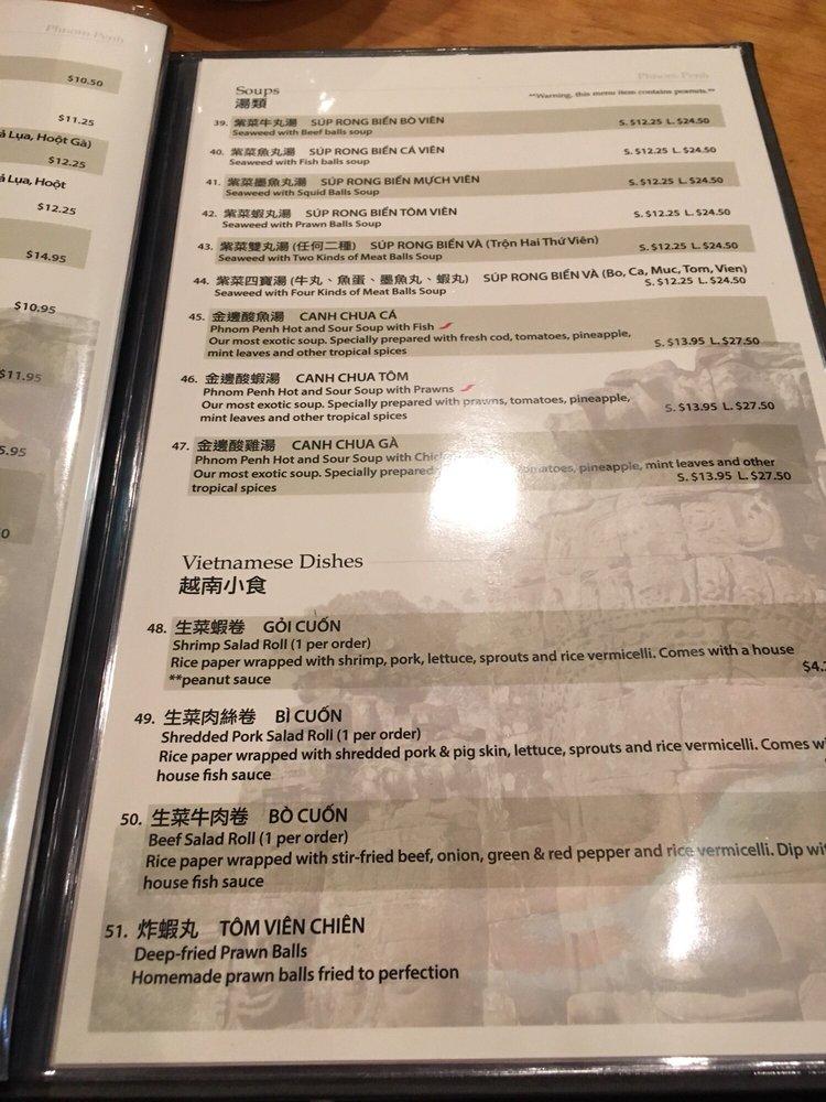 Menu at Phnom Penh Restaurant, Vancouver