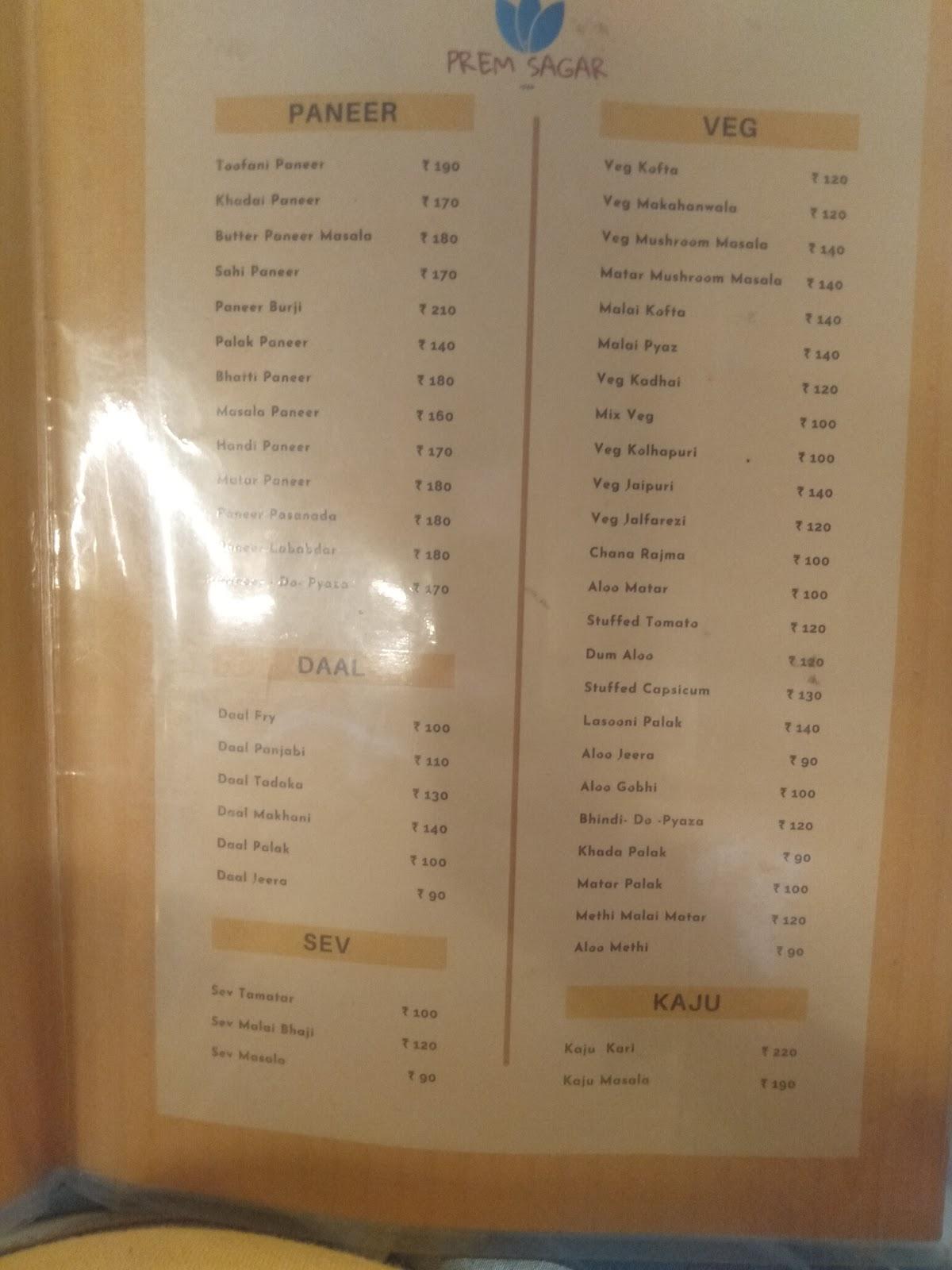 Menu at Prem Sagar, India, Prem Sagar Dhaba& Restaurant