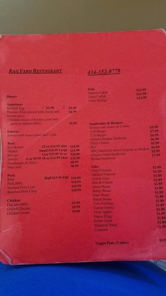 Menu at Rail Yard Restaurant, Appomattox