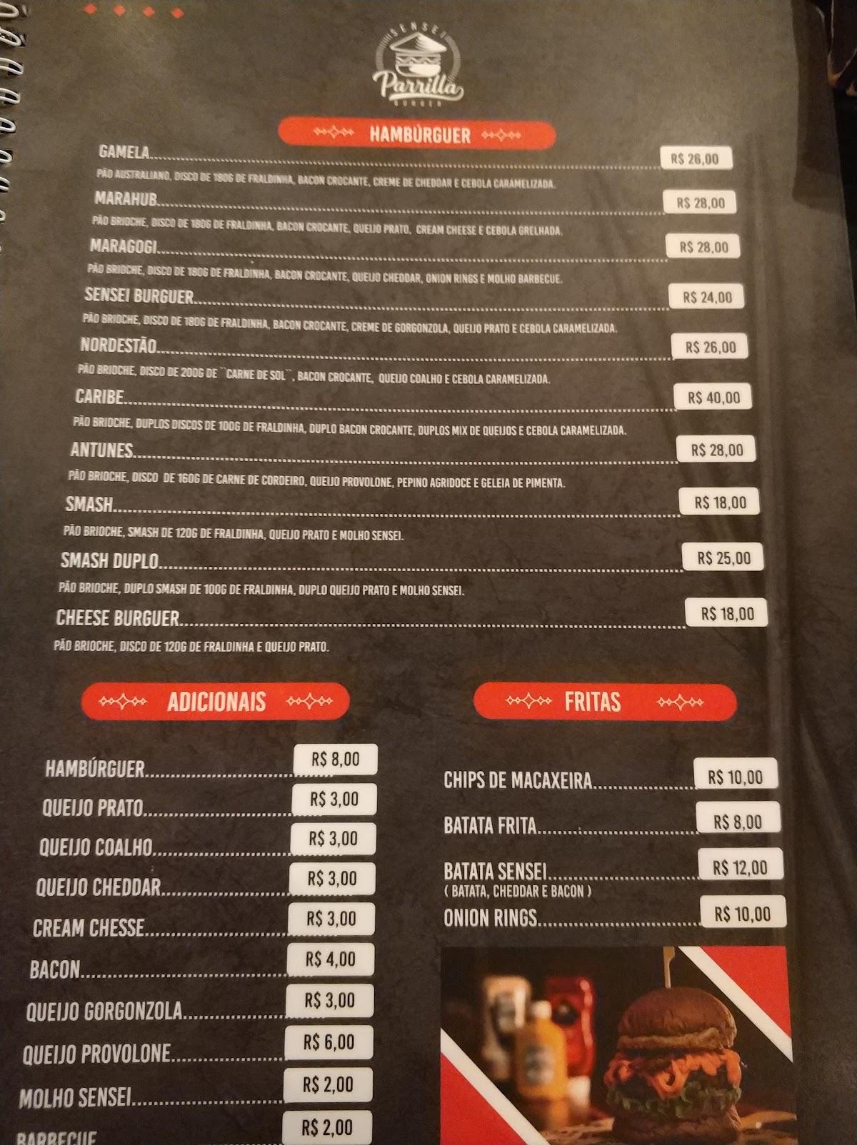 Menu at Sensei parrilla Burger restaurant, Maragogi