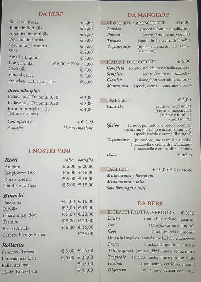 Menu at Sala Bologna caffè cafe, Bologna