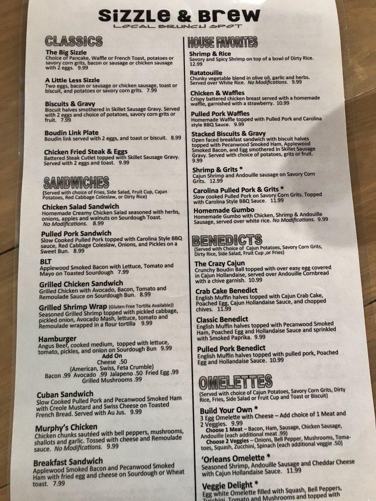 Menu at Sizzle & Brew Breakfast restaurant, Houston