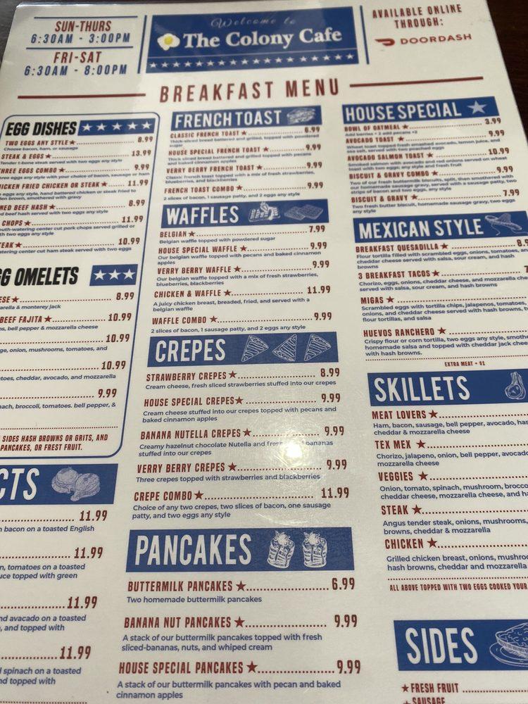 Menu at The Colony Cafe, The Colony, S Colony Blvd Ste.120