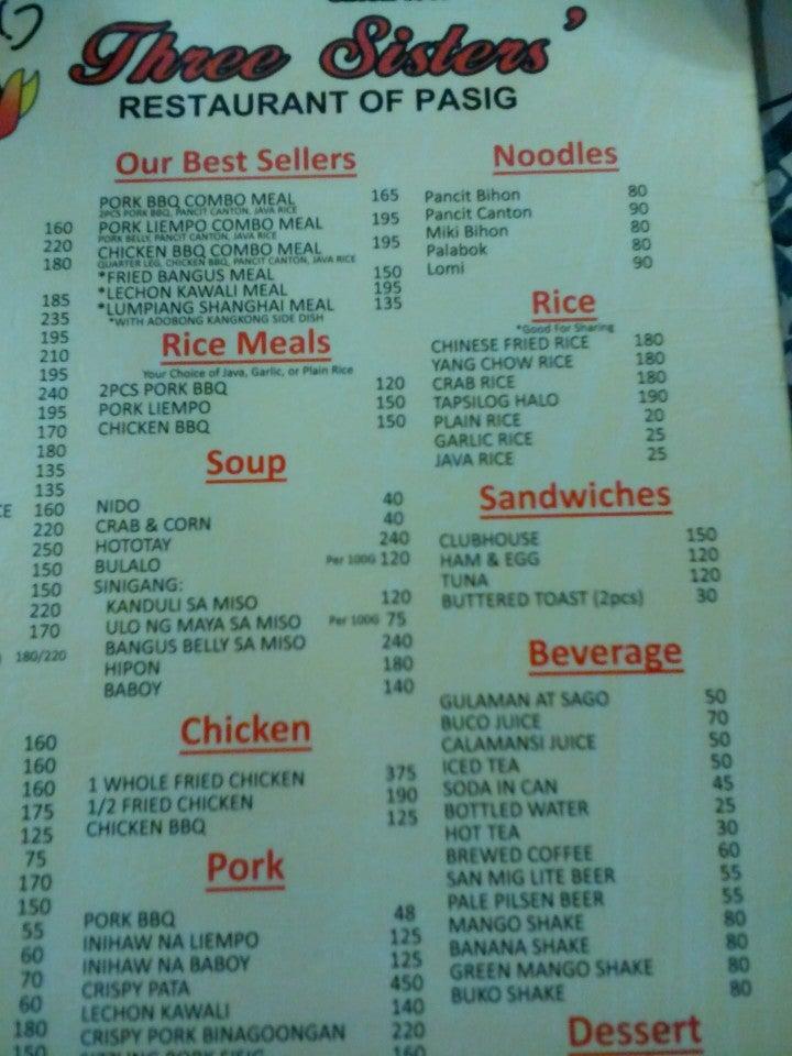 Menu at Three Sisters BBQ, Pasig, 1603 E Capitol Dr