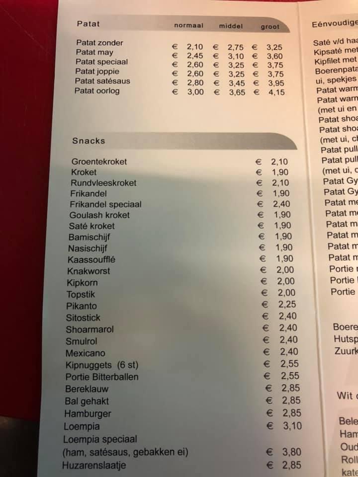 Menu at Wilma's Snackbar, Heerde
