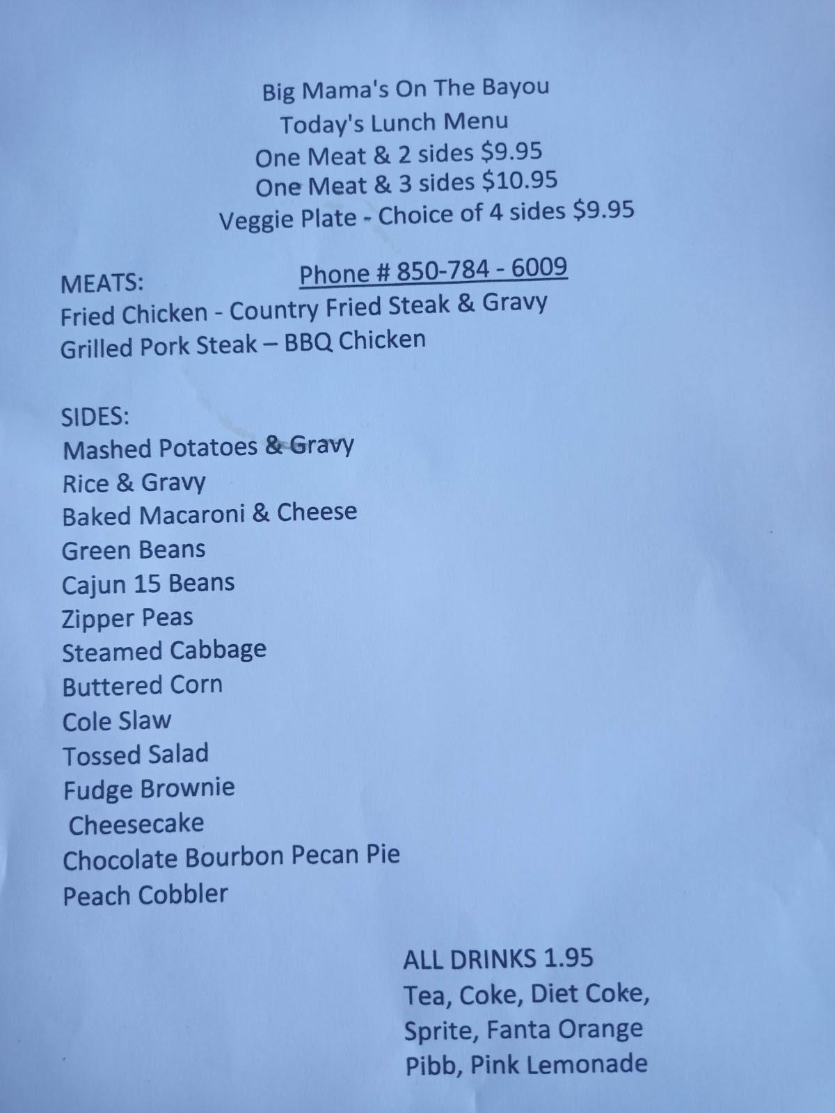 Menu at Big Mama's Country Cooking restaurant, Panama City, 620 W Beach Dr