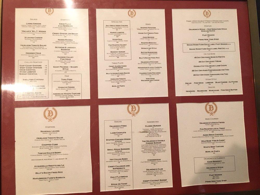 Menu at Delmonico's steakhouse, New York City