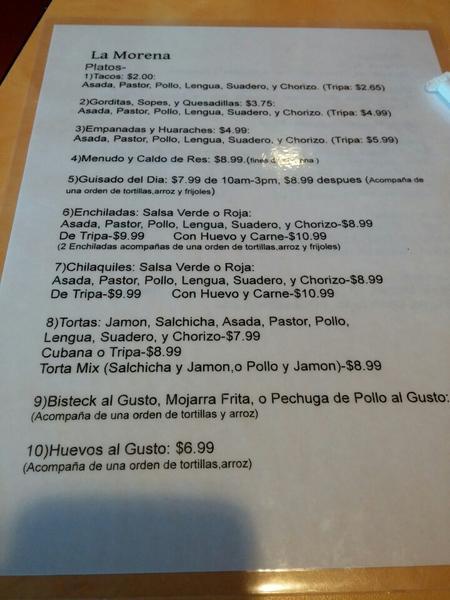 Menu at La Morena restaurant, Ridgeland