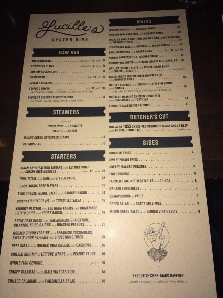 Menu au Lucille's Oyster Dive pub et bar, Montréal
