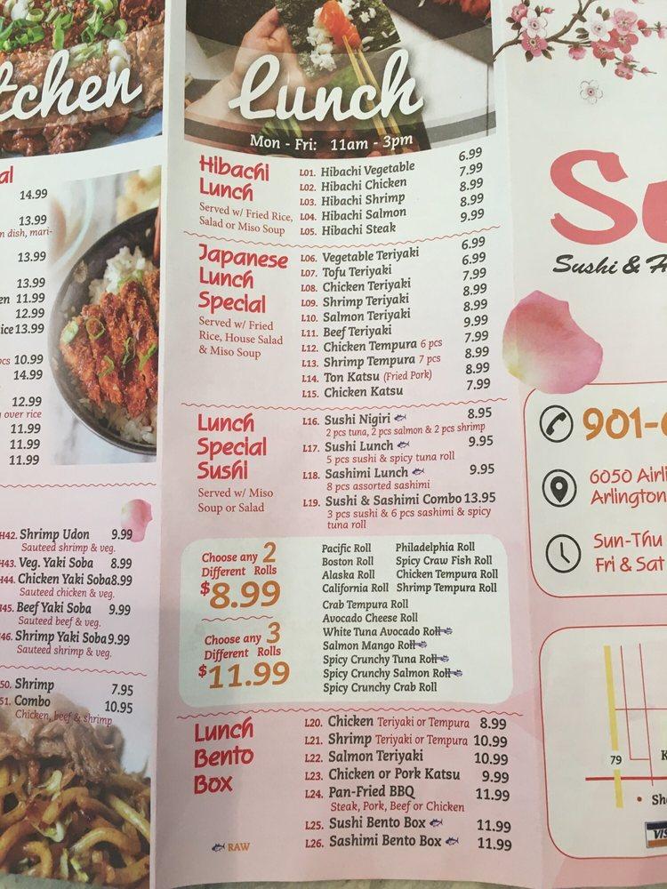 Menu at Sen Sushi and Hibachi Grill restaurant, Arlington