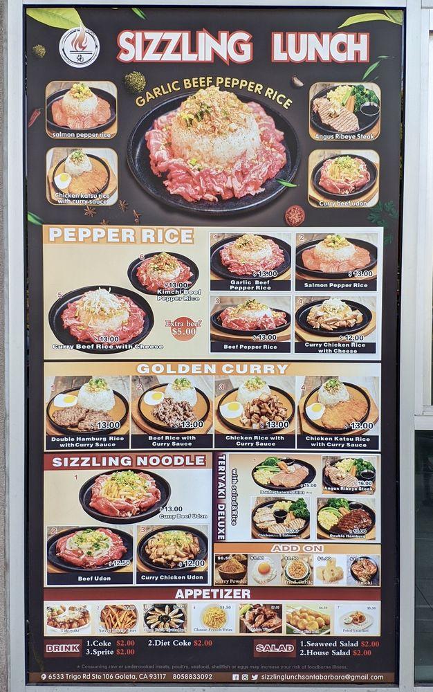 Menu at Sizzling Lunch steakhouse, Goleta