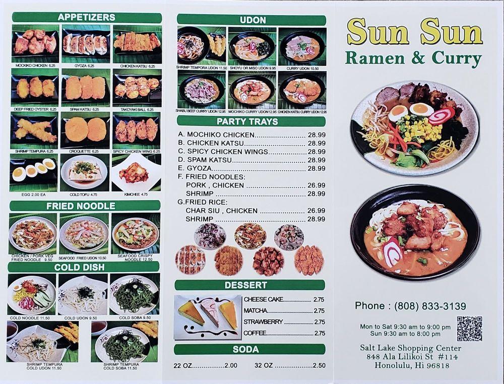 Menu at Sun Sun Ramen and Curry restaurant, Honolulu