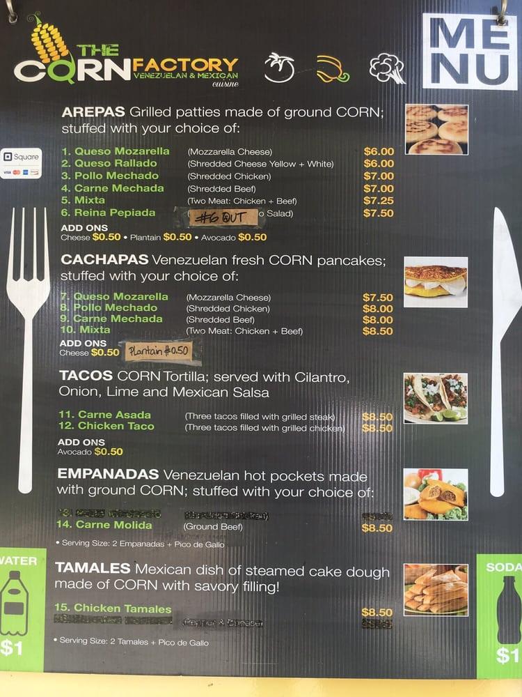 Menu at The Corn Factory, Washington