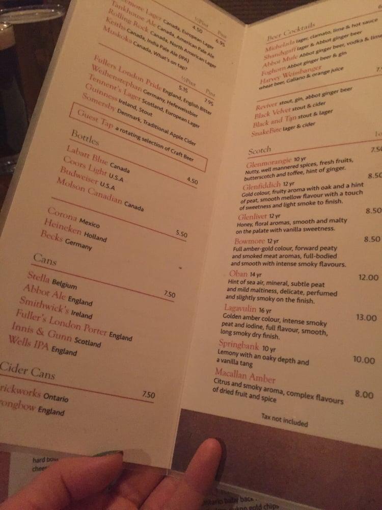 Menu at Abbot Pub, Toronto, Yonge St