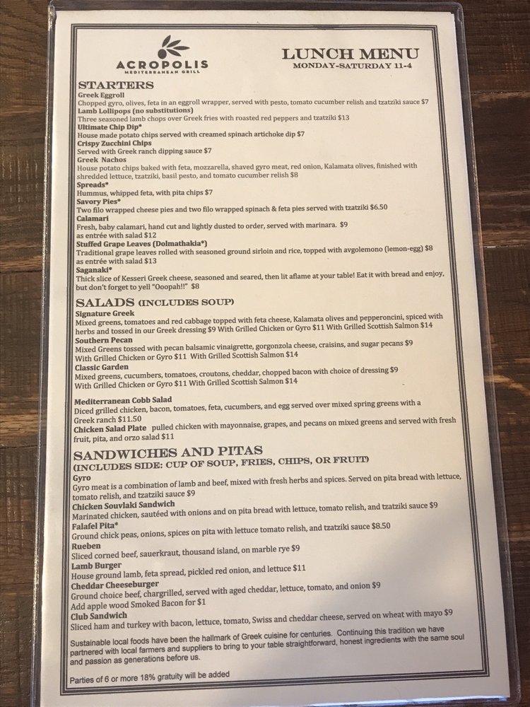 Menu at Acropolis Grill restaurant, Chattanooga